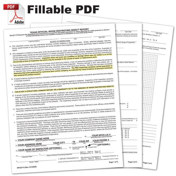 Fillable PDF SPCS/T-5 Texas Wood Destroying Insect (WDI) Report